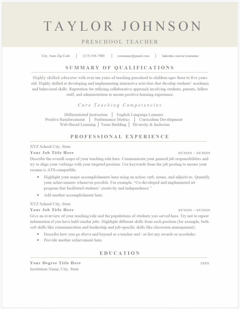 Best Preschool Teacher Resume Template | The Career Counter