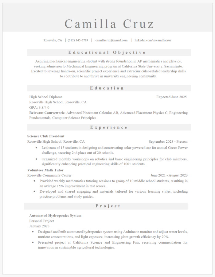 Best Resume Sample For High School Students | The Career Counter
