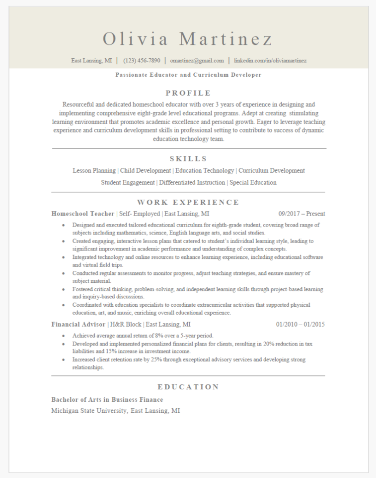 Homeschool Mom Resume Example | The Career Counter